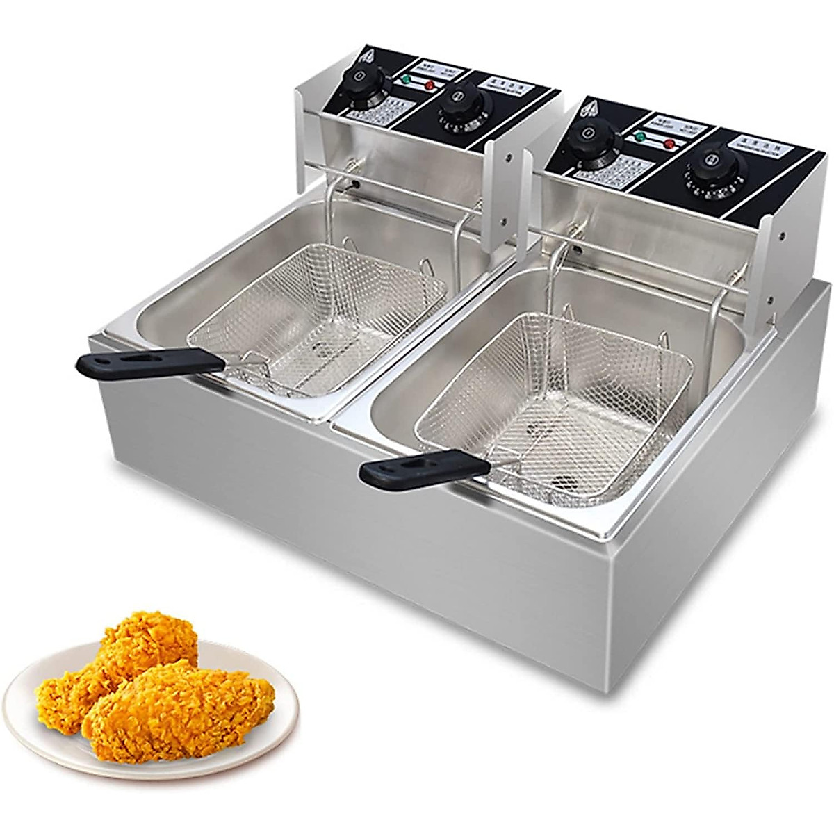 Dual Tank Electric Countertop Deep Fryer With Easy-Assembling Solid Basket, Removable Oil Container, 5000W Stainless Steel Commercial Deep Fryer For Turkey French Fries Kitchen Restaurant