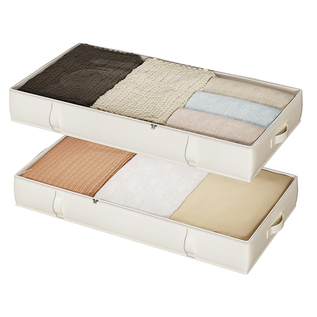 Vailando Under Bed Storage Containers, Underbed Storage Bins with 6 Inches Tall, Clothes Storage Box with Sturdy Handles and Sidewalls, Beige, 2-Pack