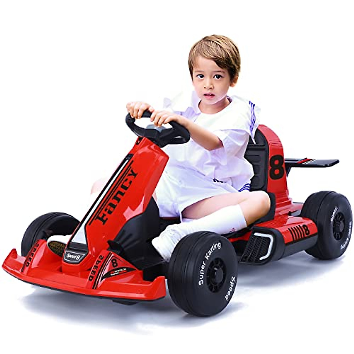 Fisca Electric Ride On Go Kart for Kids, 12V Dual 550 Motors Racing Go-Kart with Lights, 2 Speed Modes & Adjustable Length, Remote Control Mode, Electric Karting Vehicle for Boys and Girls Age 3-16