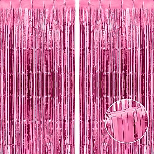 Thicken Pink Foil Fringe Curtains Decorations 3.2x8.2ft - 2 Pack, Photo Backdrop for Birthday Bachelorette Bridal Shower Baby Shower Graduation Party, Party Streams Decor