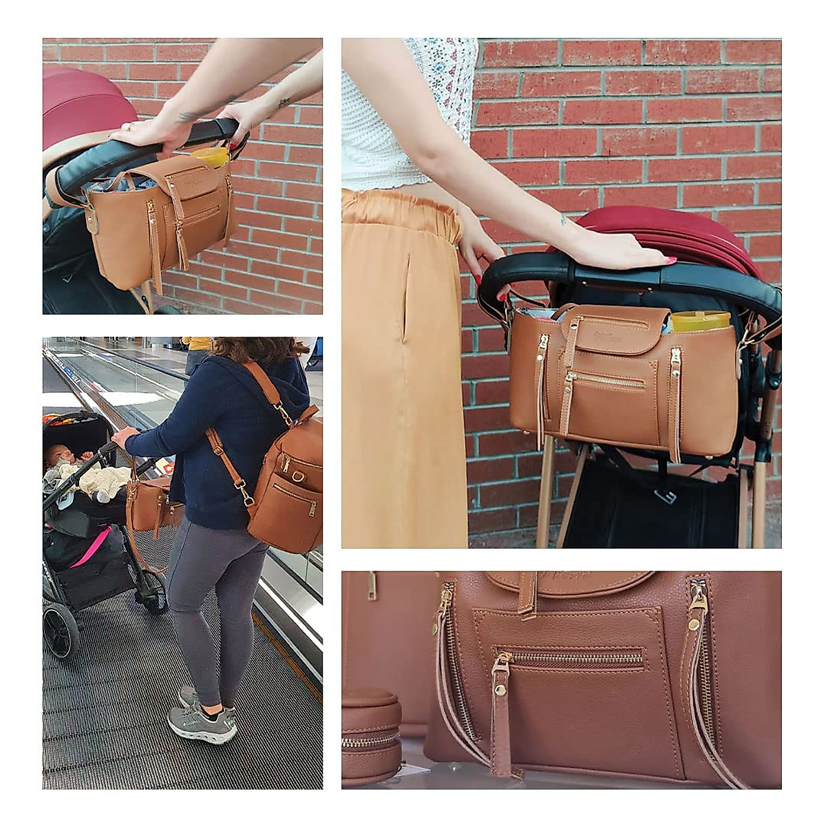 motheric Brown Leather Universal Stroller Organizer Shoulder bag with insulated cup holder, Shoulder strap - Parent console Caddy with strollercup holder