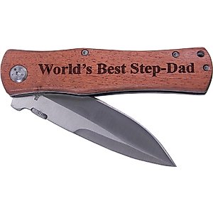World's Best Step-Dad Folding Pocket Knife with Pocket Clip - (Wood Handle)