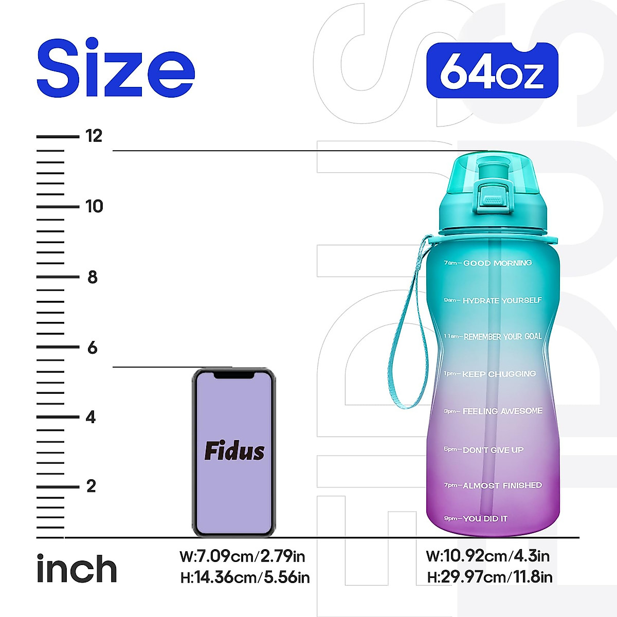 Fidus Large Half Gallon/64oz Motivational Water Bottle with Time Marker & Straw,Leakproof Tritan BPA Free Water Jug,Ensure You Drink Enough Water Daily for Fitness,Gym and Outdoor Sports