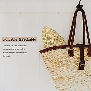 Floppy Straw Sun Hat Foldable Packable Wide Brim Summer Beach Hat Crochet Bucket Hat with Bow for Women (B Beige)