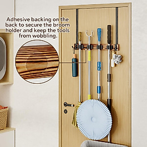 Rasdwt Broom Holder Over the Door, Wood Broom and Mop Rack, Over the Door Broom Holder, Drilling-Free Mop and Broom Holder with 2 Hooks for Garage, Laundry Room Broom Hanger and Storage Tool, Brown