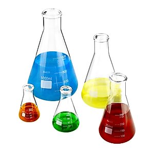 QWORK Erlenmeyer Flask Set - 50ml, 150ml, 250ml, 500ml & 1000ml - Narrow Neck, Clear Graduations - - Borosilicate 3.3 Glass - Ideal for Professional Lab Use