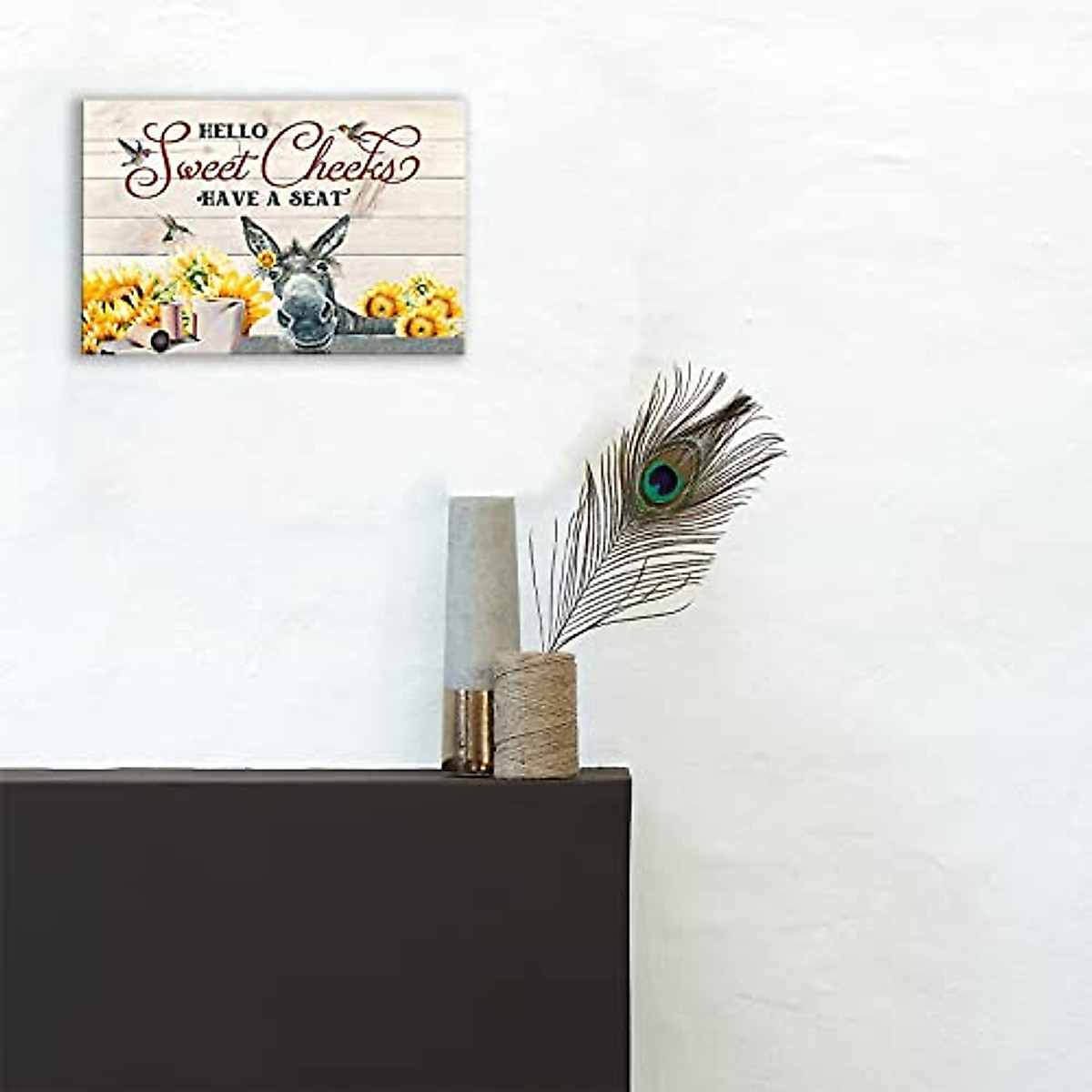 Farmhouse Donkey Wall Art for Bathroom Funny Donkey Birds Wall Decor Have a Seat Sunflower Pictures Print Painting Rustic Farm Flower Framed Artwork Canvas Home Decor for Bedroom Living Room 12"x16"