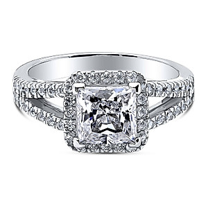 BERRICLE Sterling Silver Halo Wedding Engagement Rings Princess Cut Cubic Zirconia CZ Promise Split Shank Ring for Women, Rhodium Plated Size 6