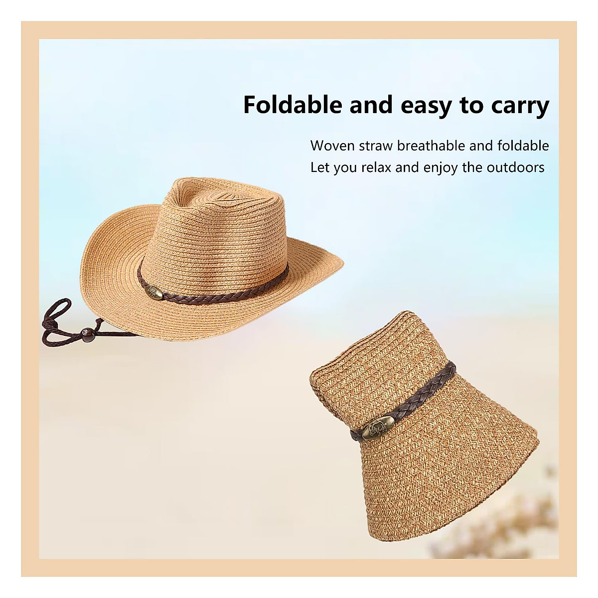 Straw Cowboy Hats Straw Cowgirl Hat Wide with Shapeable Wide Brim Foldable Vacation Beach Sun Hat for Women Men,Khaki