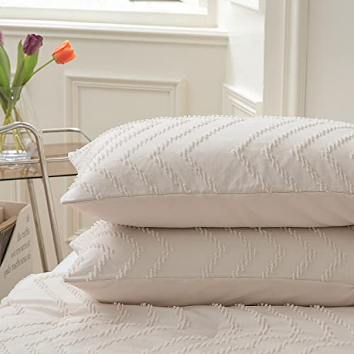 SLEEPBELLA King Comforter Set, Cream Farmhouse Bedding Comforter, Vertical Tufted Design,King Bed Set Lightweight and Fluffy (King,104" W x 90" L, 3 Pieces)