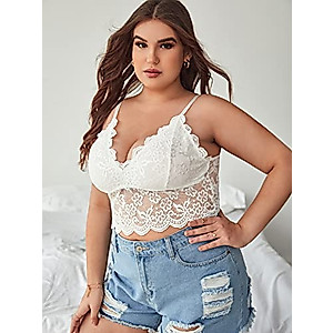 SOLY HUX Women's Plus Size Sexy Floral Lace Scalloped Trim Wireless Bra Adjustable Strap V Neck Everyday Bralette Plain White 2XL