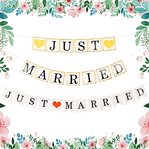 Tatuo 2 Sets Just Married Wedding Banners Bunting Garland Photo Props Signs with Heart for Bridal Shower Wedding Party Decoration