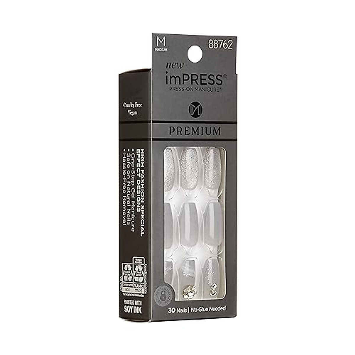 KISS imPRESS No Glue Mani Press On Nails, Premium, 'Legacy', Gray, Medium Size, Coffin Shape, Includes 30 Nails, Prep Pad, Instructions Sheet, 1 Manicure Stick, 1 Mini File