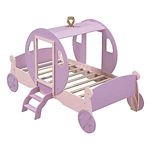 Twin Size Princess Carriage Bed Frame for Boys Girls Kids Toddler with Crown, Wood Platform Car Bed with Stair, Purple+Pink