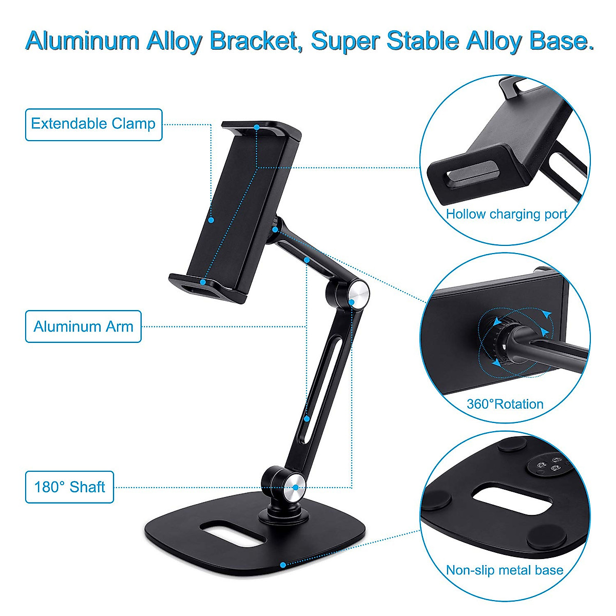 B-Land Adjustable Tablet Stand, Desktop Tablet Holder Mount Foldable Phone Stand with 360° Swivel Phone Clamp Mount Holder, Compatible with 4-13" Tablets/Phones,Nintendo Switch, Kindle (Black)