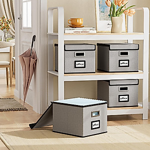 Huolewa Upgraded Portable File Organizer Box with Lids, Collapsible Linen Hanging Filing Storage Boxes with Plastic Slide, Decorative Home/Office Filing System for File and Folders Storage (Gray)
