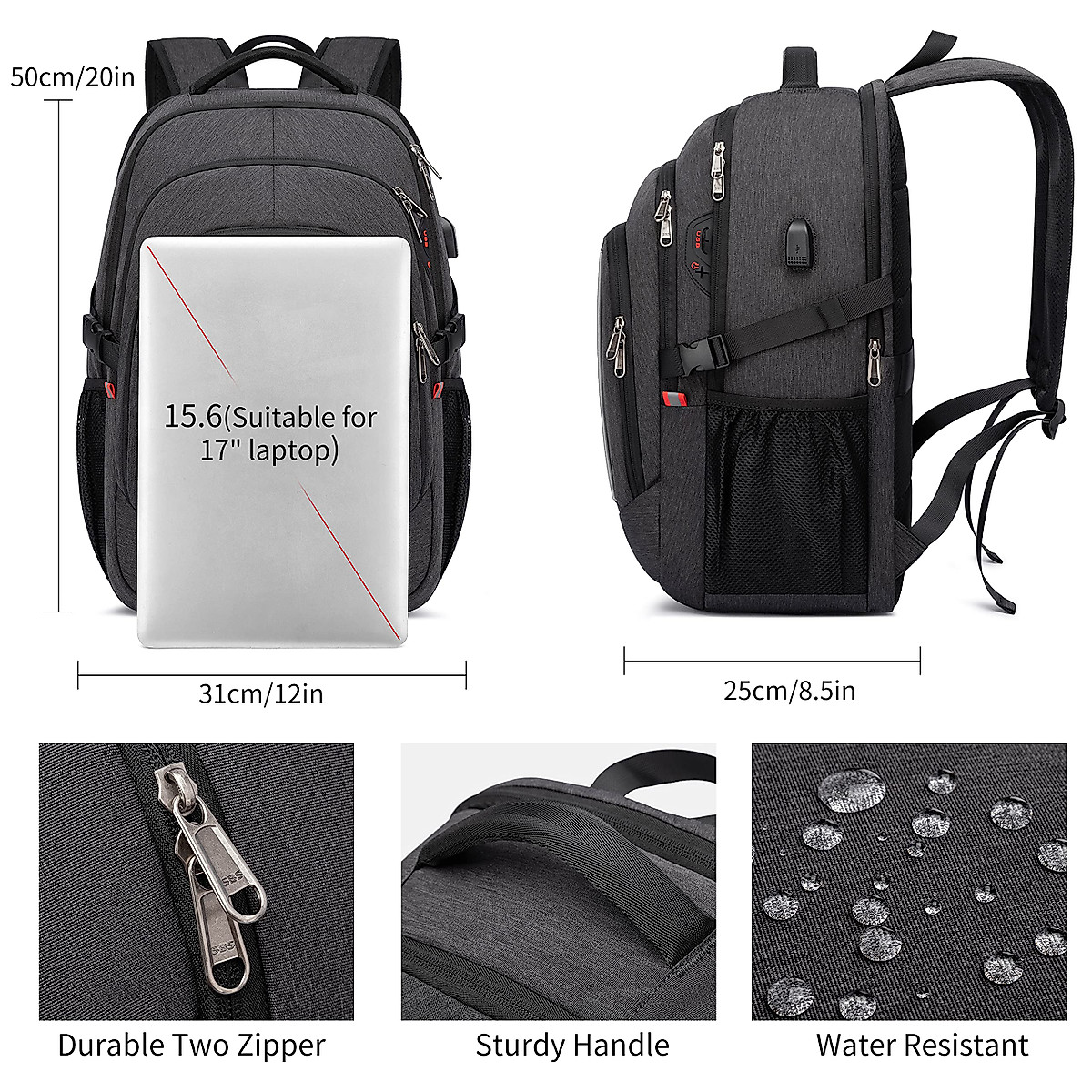 CAFELE Backpack,Large 17.3in Durable Travel Laptop Backpack, College Backpack, RFID Anti Theft Pocket Big Business Computer Bag,Water Resistant School Bookbag for Teens Men Women,Gifts Grey