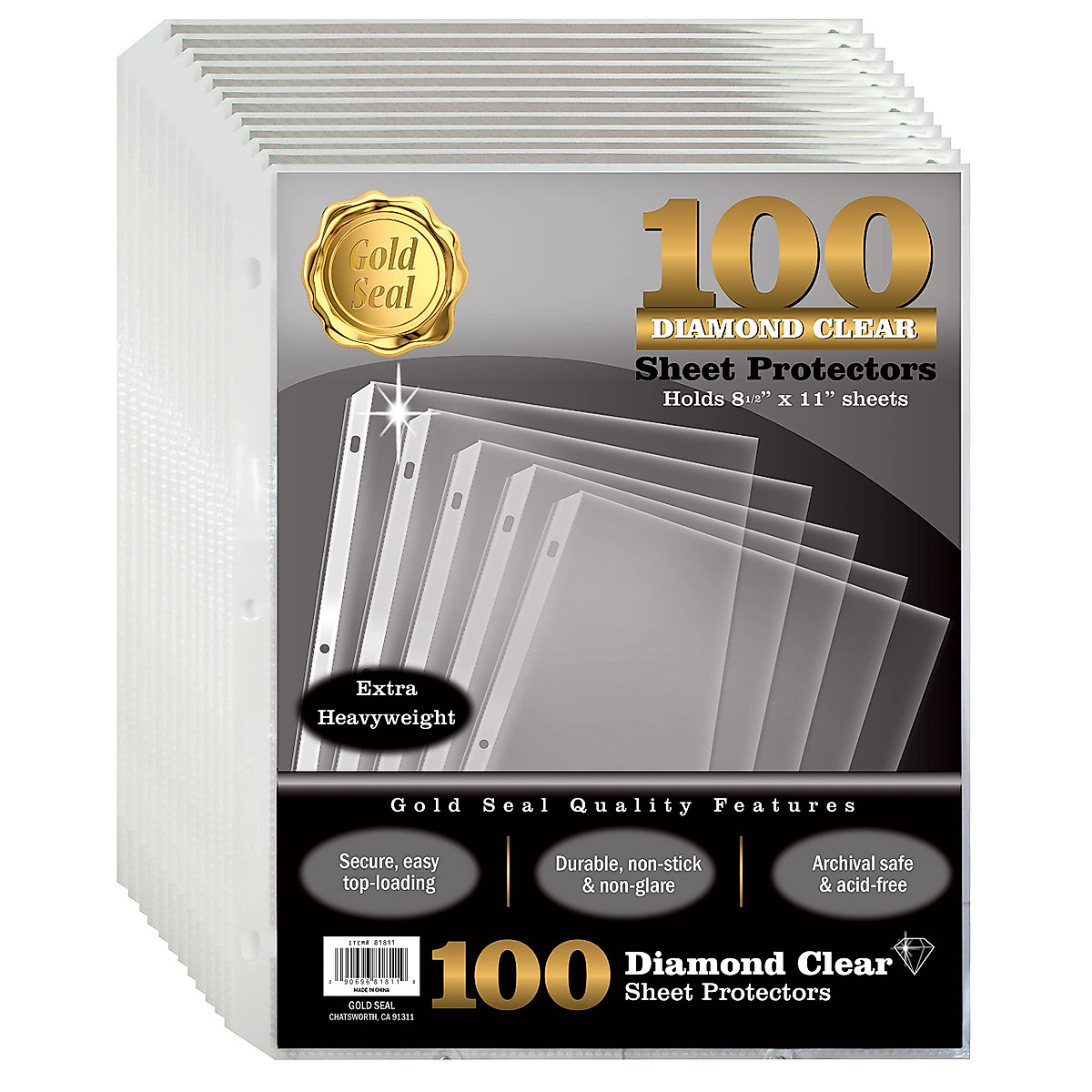100 Count Diamond Clear Extra Heavyweight Sheet Protectors, 4 mils Strong, by Gold Seal, 8.5 x 11", Top Load, 100 Pack