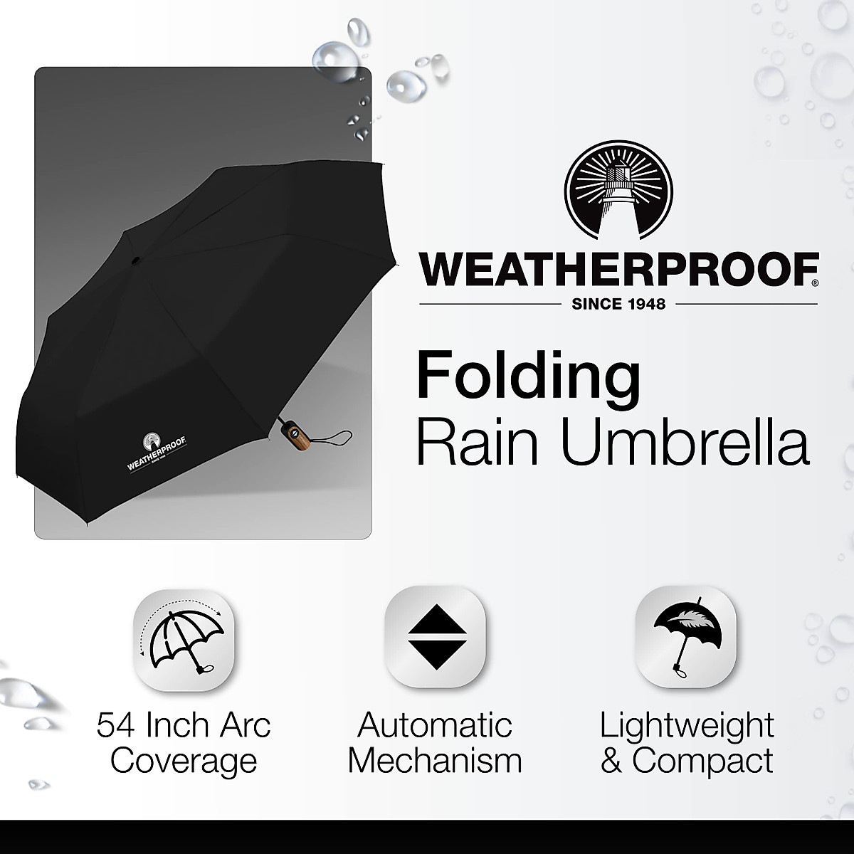 Weatherproof Deluxe Automatic Rain Umbrella, Compact, Lightweight, and Wind Resistant Folding Umbrella for Travel, Full 54 Inch Arc, Black