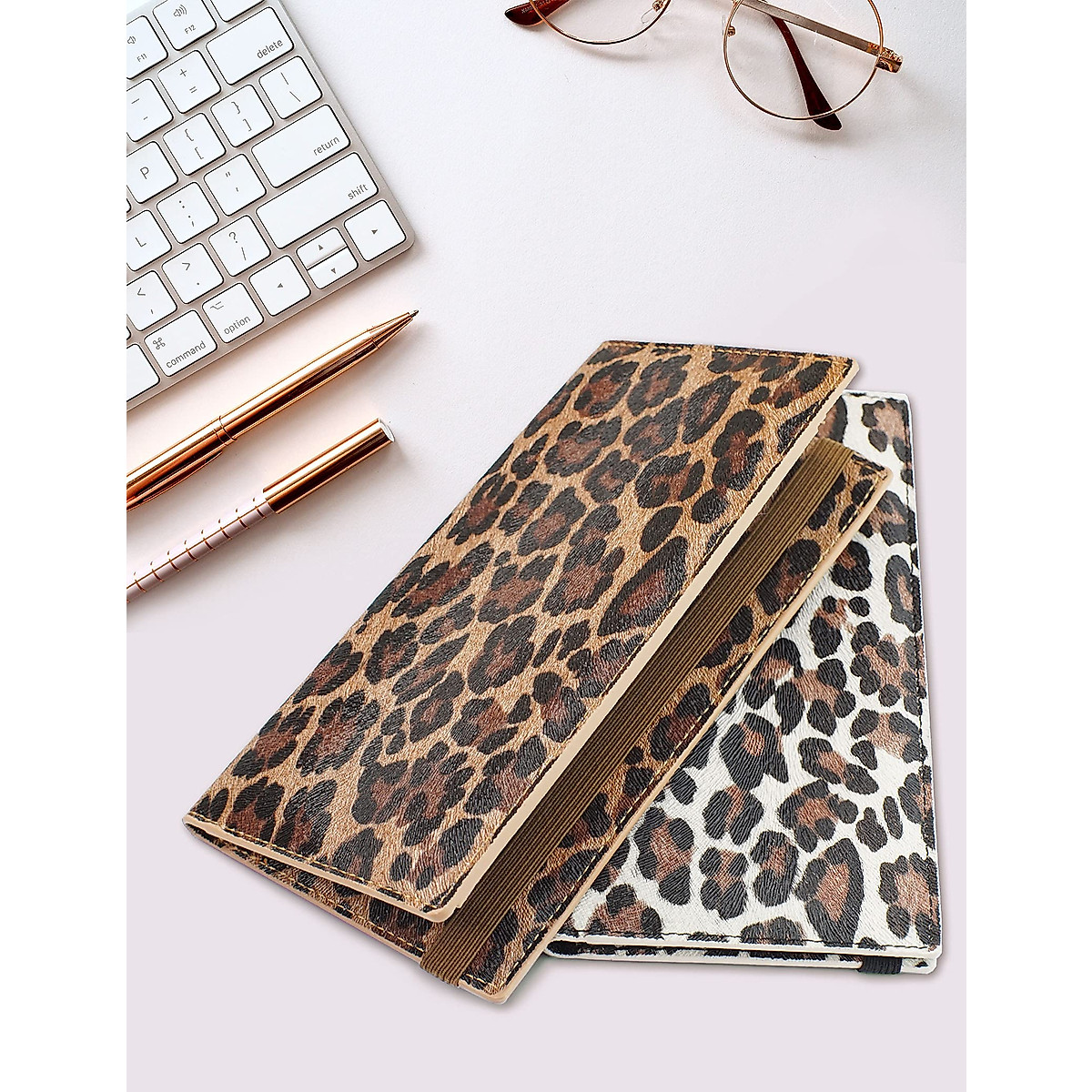 Zreal Checkbook Cover for Men & Women, 2 Pack Premium Vegan Leather Checkbook Holder Slim Wallets for Top & Side Tear Duplicate Checks with RFID Blocking (Dark & Light Leopard)
