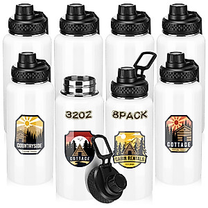 Raiten 8 Pcs 32oz Sublimation Blank Sports Water Bottle Bulk Stainless Steel Tumbler Vacuum Flask Double Layer Insulated with Wide Mouth Lid DIY Bottles for Gym, Hiking, Camping, Hot or Cold Drinks