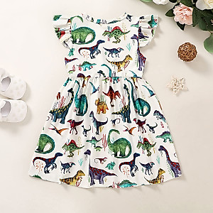 Happy Town Toddler Baby Girl Dress Dinosaur Printed Girl Summer Dresses Fly Ruffle Sleeve Tutu Dress Casual Sundress (White Dinosaur, 3-4 Years)