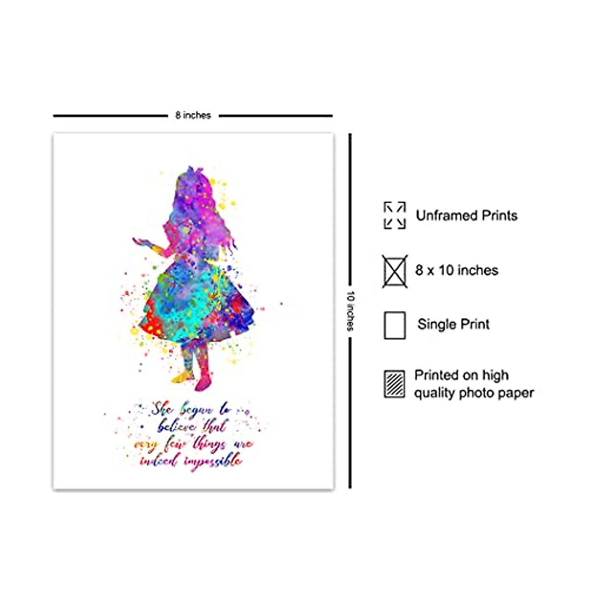 Inspirational Quote - Alice Wonderland Wall Art Print- Great Motivational Gift - Chic Room, Home or Office Decor Poster for Kids or Girls Bedroom - 8x10 Unframed Photo