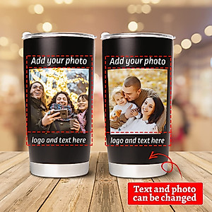 Personalized Coffee Tumbler with Pictures Text, 20oz Custom Insulated Stainless Steel Tumbler, Customized Father's Day Birthday Gifts for Men Women, Travel Coffee Cup with Lids