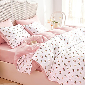 Wake In Cloud - Floral Duvet Cover Set, Coquette Cottagecore Aesthetic Cute Rose Flower Pattern for Women Teen Girls, Soft Lightweight Bedding, 3-Piece, Pink, Queen Size