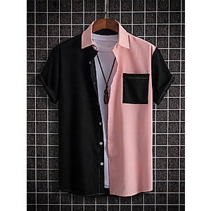 Milumia Men's Casual Button Up Shirt Pocket Short Sleeve Colorblock Blouse Tops Pink and Black Large