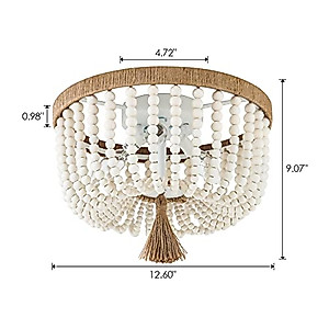 VILUXY Bohemia Wood Beaded Flush Mount Ceiling Light Antique Rustic Mini Chandelier White Finishing for Bedroom, Kitchen Island, Girl Room 3-Light