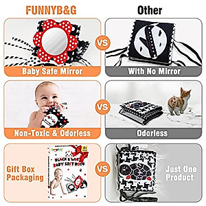 FUNNYB&G Black and White Baby Toys - High Contrast Baby Soft Book Baby Brain Development Crib Toys Carseat Toys Infant Tummy Time Mirror Toys for 0 3 6 9 12 Month Baby Birthday Gift Newborn Gift