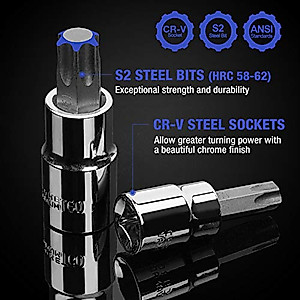 WORKPRO 13-Piece Torx Bit Socket Set T8-T60, 1/4", 3/8" and 1/2" Drive, S2 Steel 6 Point Star Bits and CR-V Sockets with Storage Case For Hand Use Work On Cars, Trucks