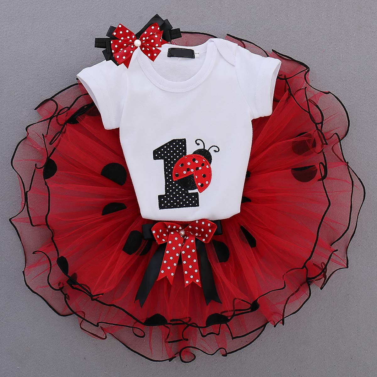 First Birthday Outfit Girl: Baby Girls 1st Birthday Cake Smash 3pcs Outfits Set Cotton One Year Old Romper Bodysuit+Tutu Dress+Flower Headband Princess Skirt Clothes Photoshoot (3pcs Red Ladybug)