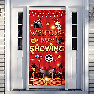 Movie Night Party Door Cover Sign Movie Theme Party Decorations Theater Movie Night Supplies Welcome Now Showing Movie Night Party Backdrop for Wedding Theater Birthday Accessory, 71 x 35.4 Inches
