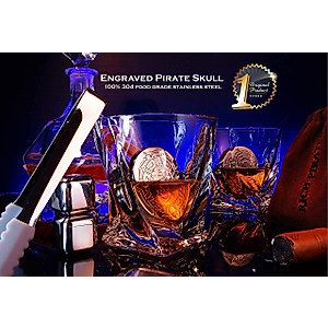 New Pirate Themed Silver Whiskey Decanter and Coin Set, Stainless Steel Whiskey Chilling Stones | 6pc Set with Chest | Whiskey Gift for Men, Dad, Husband, Boyfriend