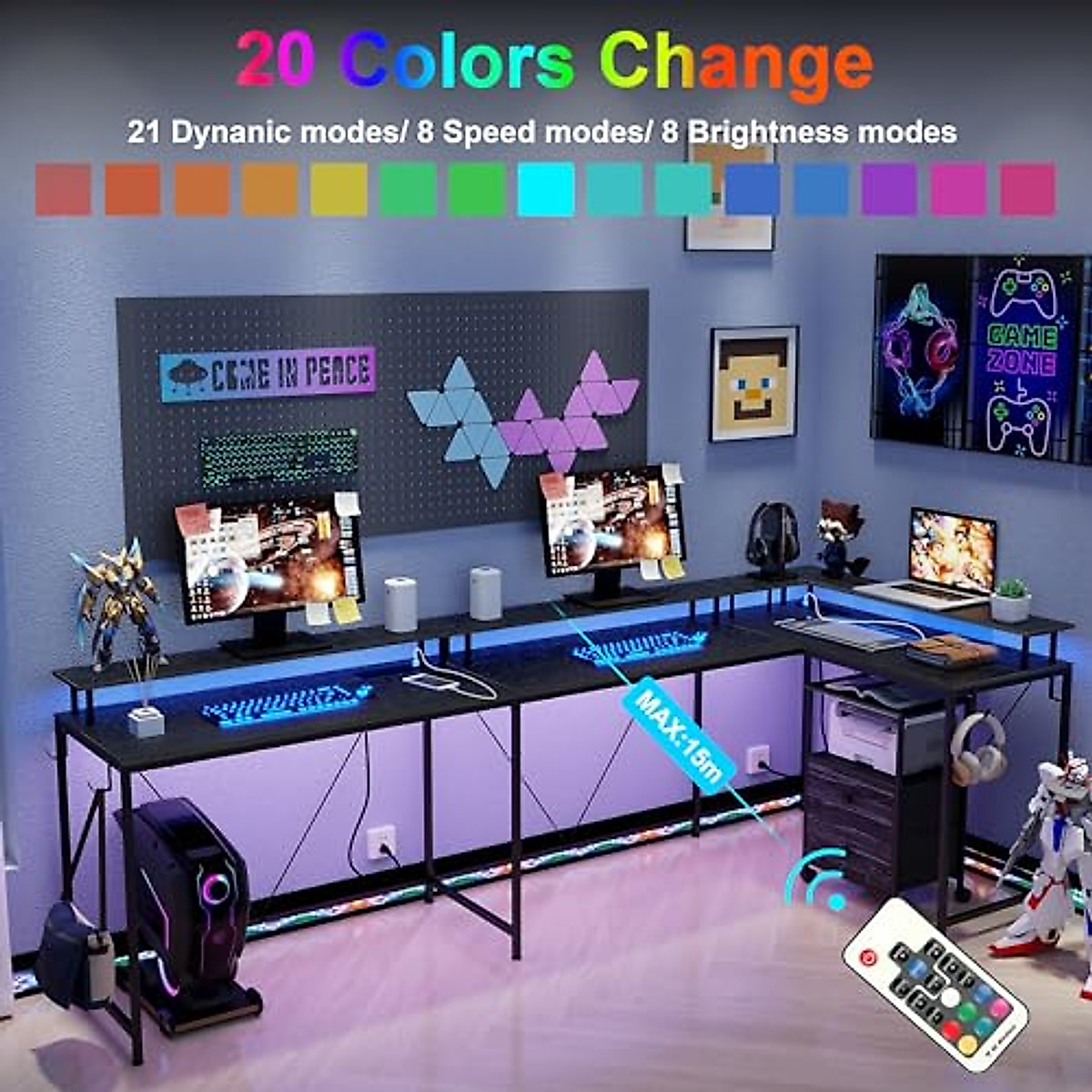 VEDECASA L Shaped Computer Desk Gaming Desk with Power Outlets & LED Light Reversible U Shaped Corner Desk Home Office with Fabric Drawers Storage Stand Monitor Riser (Black)