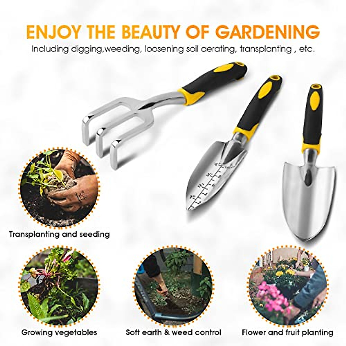 iPower 3Pcs Garden Tool Set, Heavy Duty Aluminum Gardening Kit Includes Hand Trowel, Transplant Trowel and Cultivator Hand Rake, Ergonomic Rubberized Non-Slip Handle