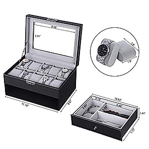 BEWISHOME Watch Box Organizer with Valet Drawer - Real Glass Top, Metal Hinge, Large Holder, Black PU Leather - 10 Slots Watch Storage Case Jewelry Box for Men SSH14B