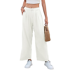 Poplab Wide Leg Petite Pants for Women Casual Flowy Elastic High Waist Capri Trousers with Pockets White, S