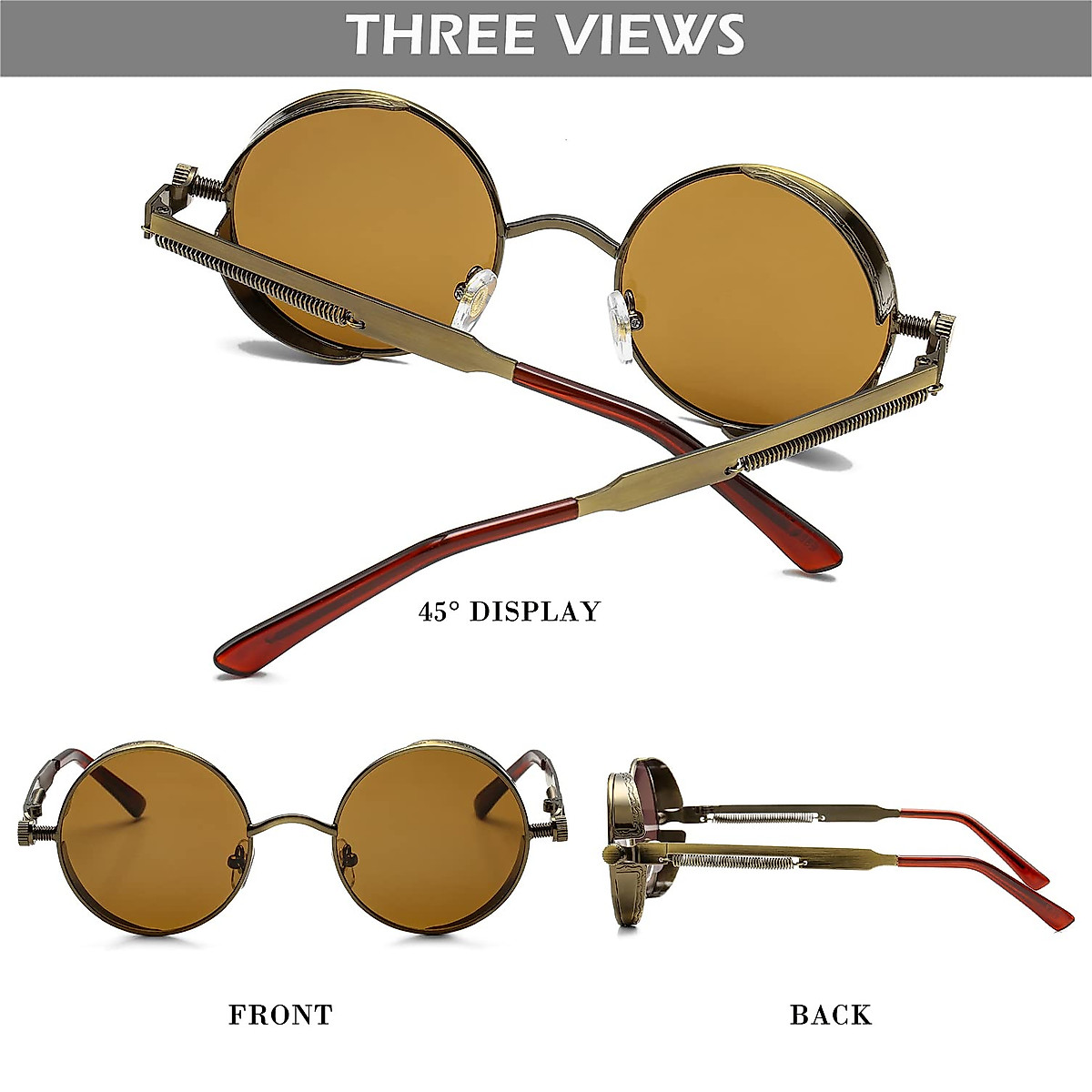 HJSTES Vintage Round Steampunk Sunglasses for Women Men Circle Gothic Glasses Retro Metal Frame(Brown Lens/Bronze Frame)