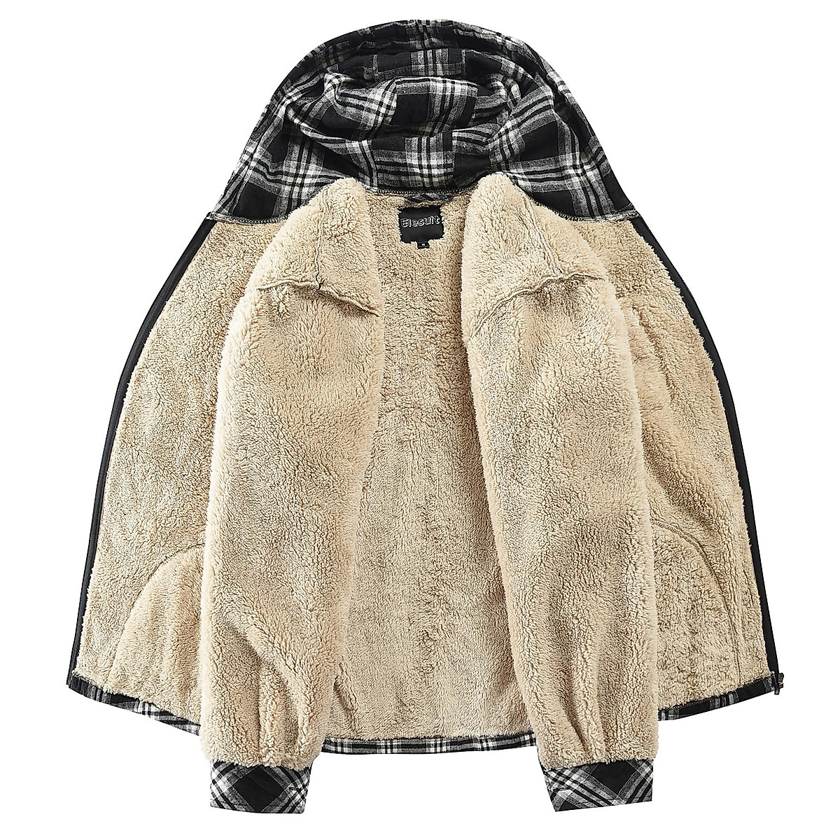 Elesuit Men's Flannel Shirt Jacket Plaid Full Zip Hoodie Fleece Lightweight Jacket Warm Winter Casual Thick Coats Black Large