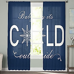 Sheer Curtains Voile Kitchen Curtain 108 Inch Length, Christmas Semi Curtains Light Filtering Window Curtain Rod Pocket 2 Panels Drapes for Bedroom Living Room Cold Winter Snowflakes Blue Backdrop