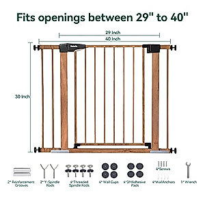 BABELIO Metal Baby Gate with Wood Pattern, 29-40" Easy Install Pressure Mounted Dog Gate, Ideal for Stairs and Doorways, with Wall Protectors and Extenders, No Tools Required