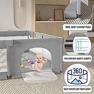 LUTIKIANG Baby Playpen, 79" X 71" Extra Large Playpen for Babies and Toddlers with Gates, Baby Play Yards, Baby Fence Play Area, Safety Indoor Baby Play Area with Ocean Balls (Grey)