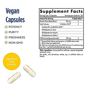 Nordic Naturals Nordic Flora Probiotic Daily - 60 Capsules - 4 Probiotic Strains with 12 Billion Cultures - Optimal Wellness, Immune Support, Digestive Health - Non-GMO, Vegan - 30 Servings
