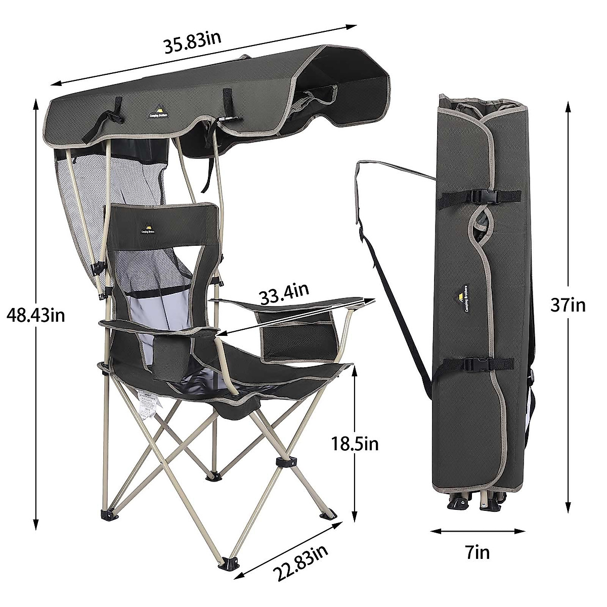 Camping Brothers Camping Chair with Shade Canopy - Outdoor Folding Patio Chair - Includes Retractable Sun Shade, Cup Holder, Side Pockets (Maroon)