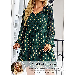 KIRUNDO Women's 2024 Spring Summer Long Sleeve V Neck Ruffle Polka Dot Mini Dress Casual Loose Tiered Swing Tunic Dresses(Dark Green, X-Large)