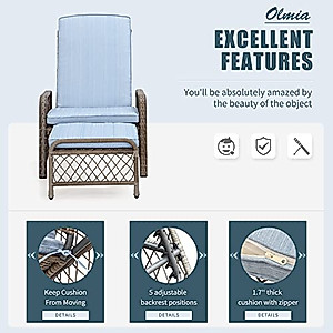Olmia Chase Lounge Chair Outdoor Set of 3 with Glass Table, 3 Piece Outdoor Chaise Lounge Wicker Rattan Patio Lounger Chairs 5 Position with Cushions,Retractable Foot-Rest - Steel Frame