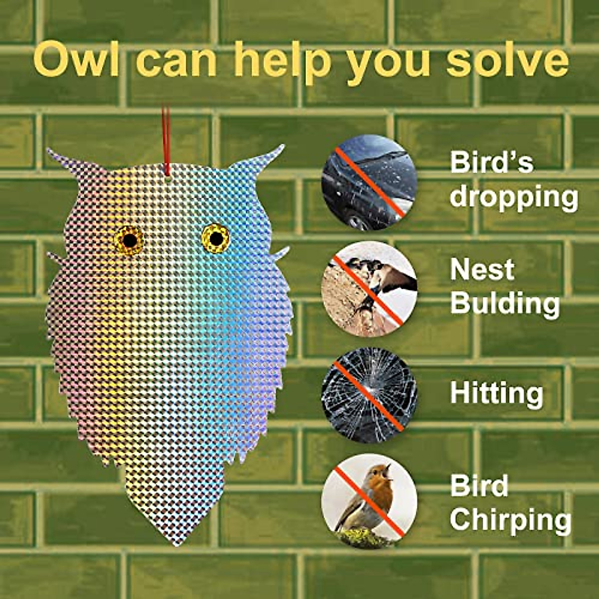 OFFO Owl Decoy to Scare Birds Away (No Bells) Bird Deterrent Device for Woodpecker Pigeon 2 Pcs Plastic Hanging Outdoors Reflective Keep Birds Away Home and Garden